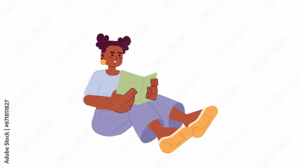 African american girl reading book 2D character animation. Black young ...