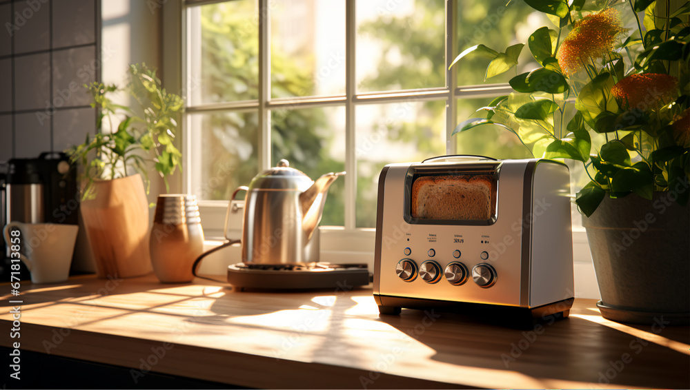 toaster sitting on a modern kitchen counter, morning sun coming trough ...