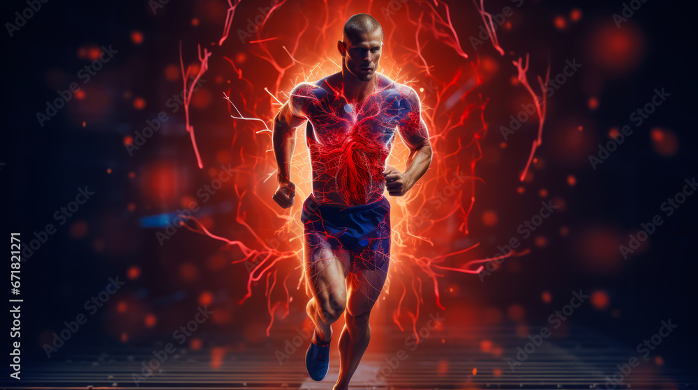 Man running with visualization of healthy blood flow through heart ...