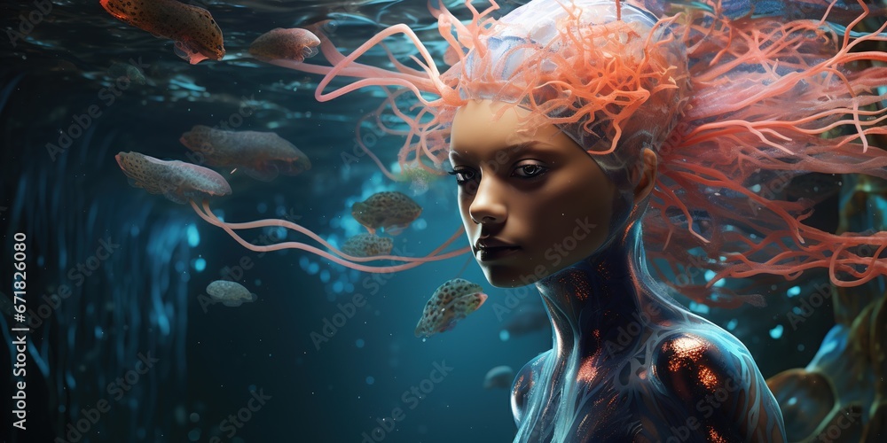 A captivating portrait showcases an aquatic alien, with flowing ...