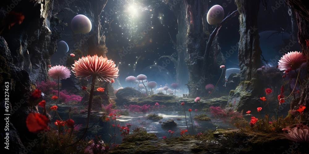 A serene yet awe-inspiring scene of an alien garden on a distant planet ...