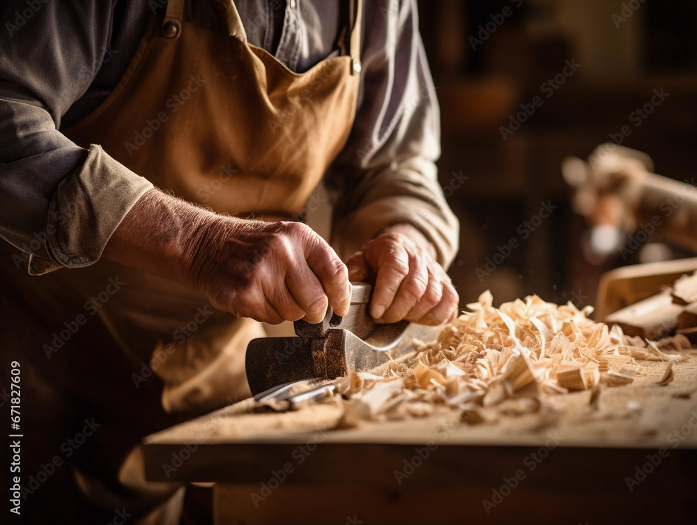 Carpentry Workshop: Close-up shot of carpenter's hands skillfully ...