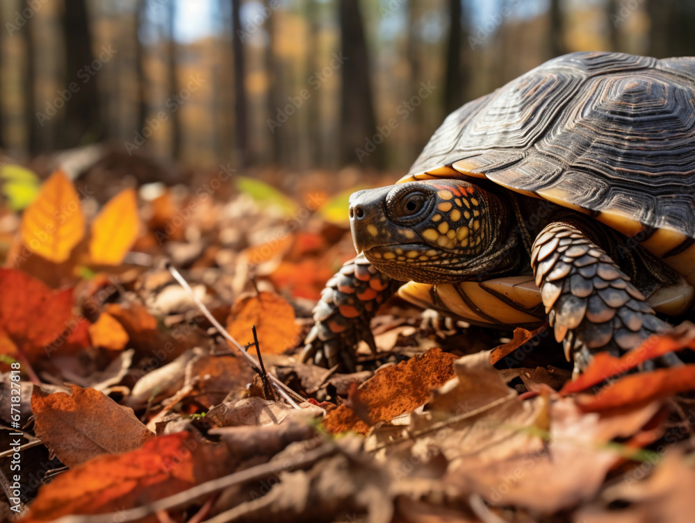 Crystal clear, Eastern box turtle, foraging through a forest floor ...