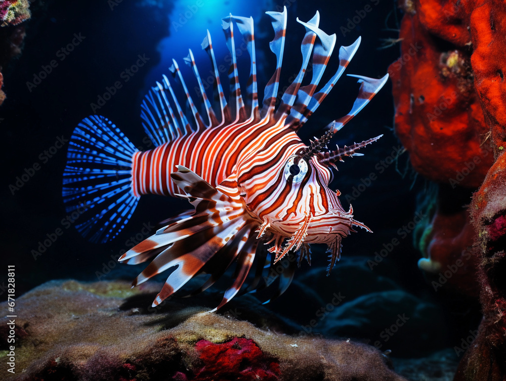 Striking image of a Lionfish, venomous spines in detail, red and white ...