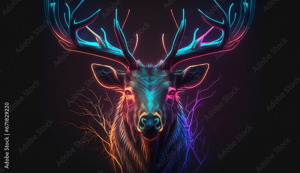 AI Generated Face of elk with long antlers neon illustration Stock ...