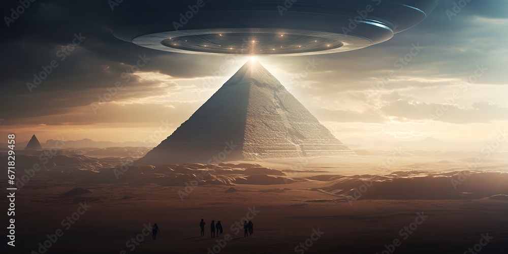 Giant pyramids of Egypt, with a massive hovering spaceship UFO casting ...