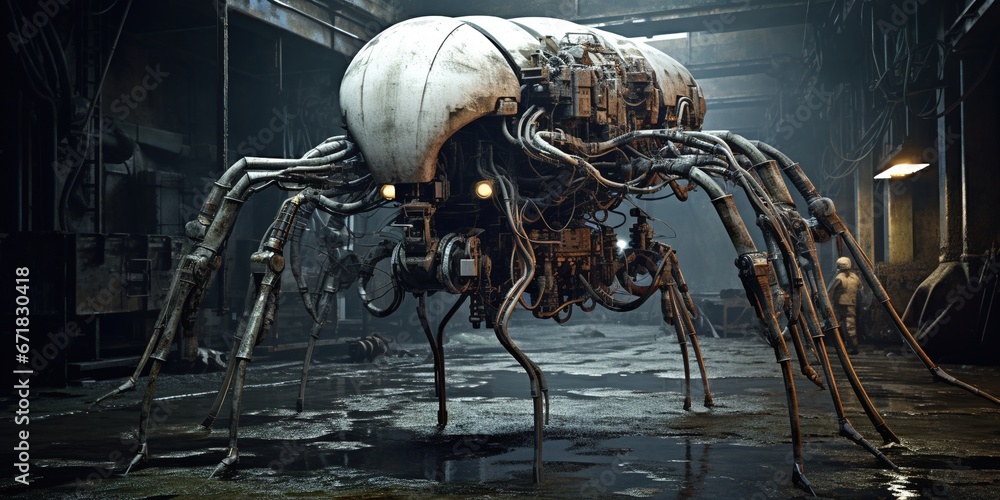 In an intricate scene, a robotic-biological hybrid alien creature, with ...