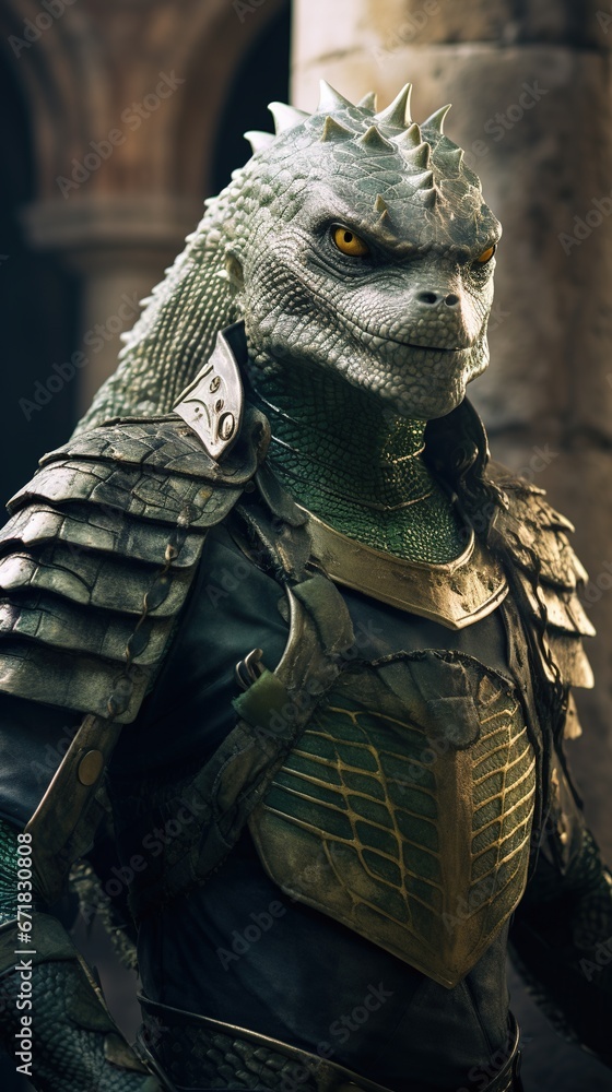 Portrait of a reptilian alien, green and scaly, with a crest of spikes ...