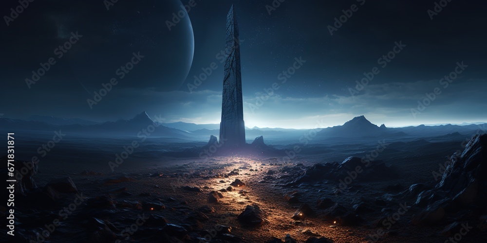 Vast desert landscape, with the remnants of an ancient city, a glowing ...