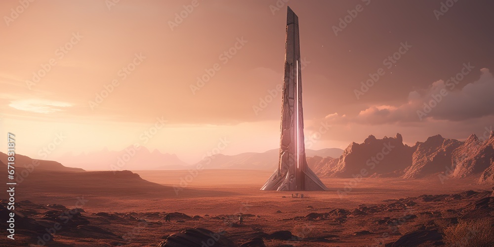 Vast desert landscape, with the remnants of an ancient city, a glowing ...