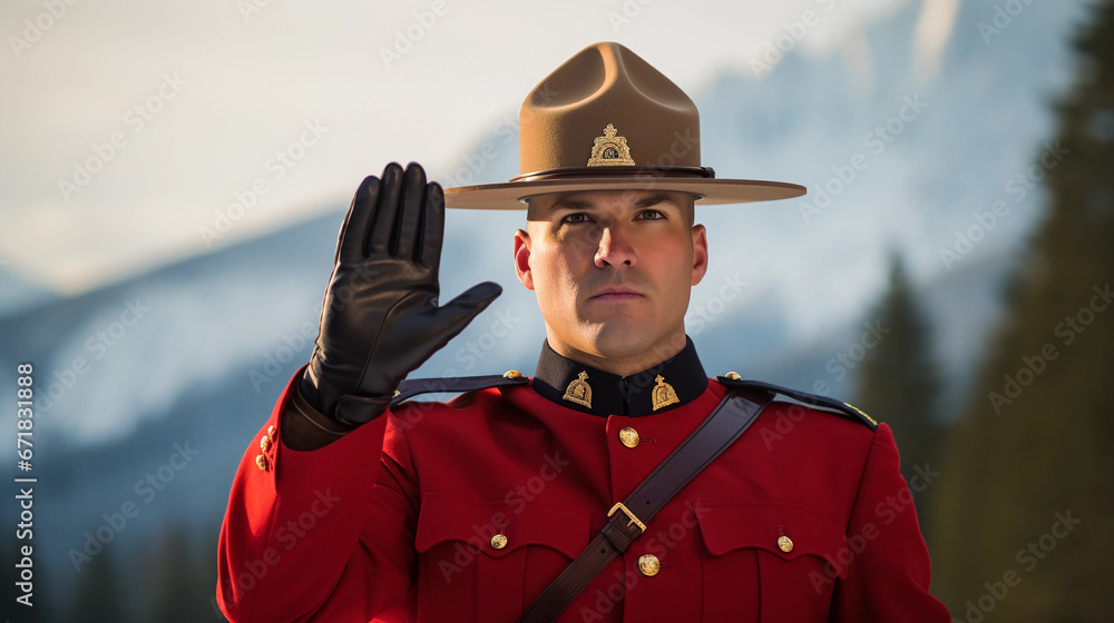 Canadian Mountie in full dress uniform, saluting against a backdrop of ...