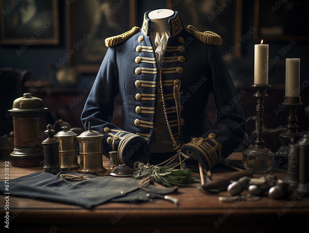 British Royal Navy officer uniform from the 18th century, neatly laid ...