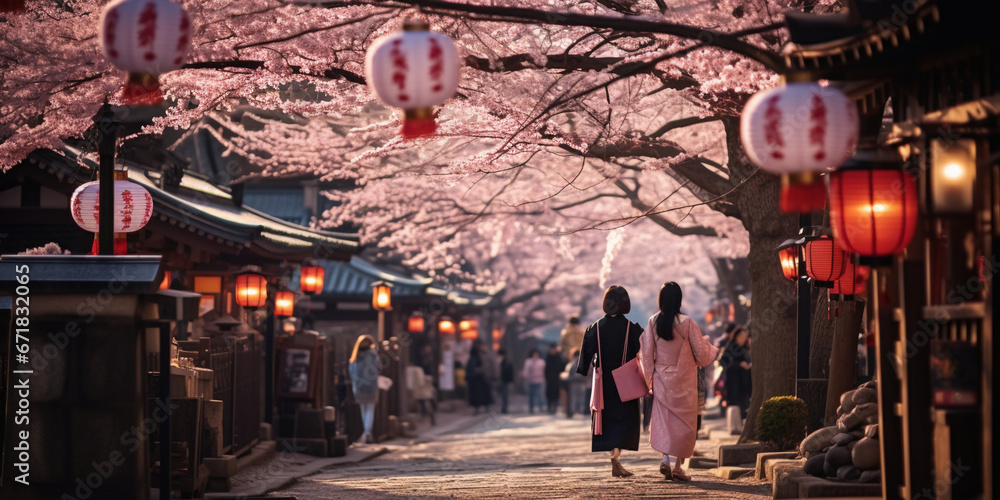 Cherry blossom tunnel, pedestrians enjoying hanami, traditional ...