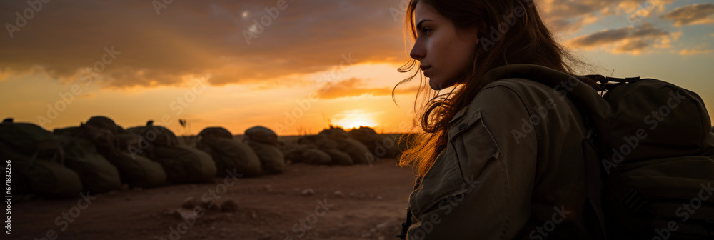 Female soldier, standing guard near a sandbag wall. Detailing on ...