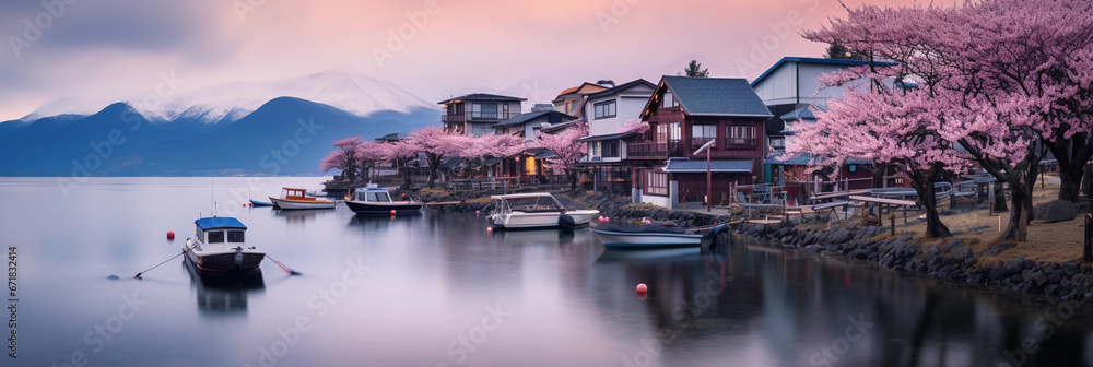 Japanese fishing village, traditional wooden houses, fishing boats ...