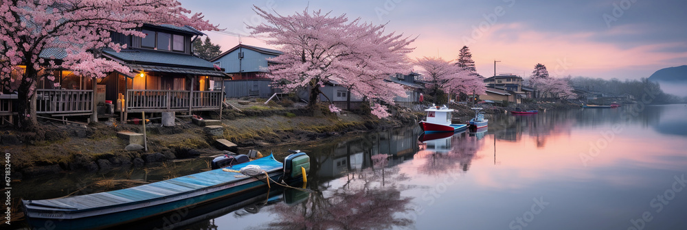 Japanese fishing village, traditional wooden houses, fishing boats ...
