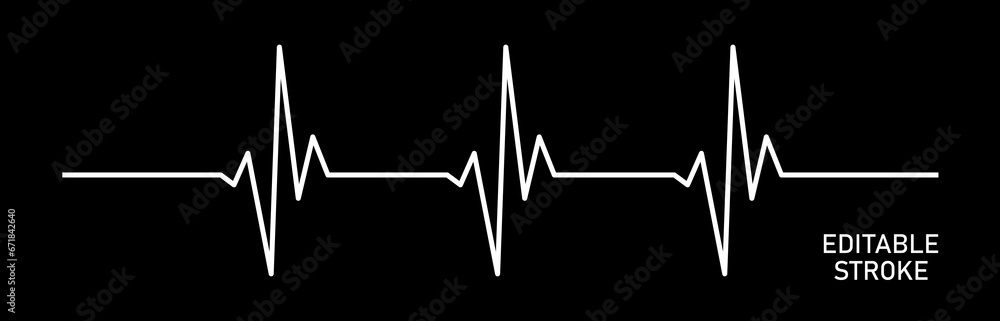 Editable stroke heart diagram, white EKG on black background ...