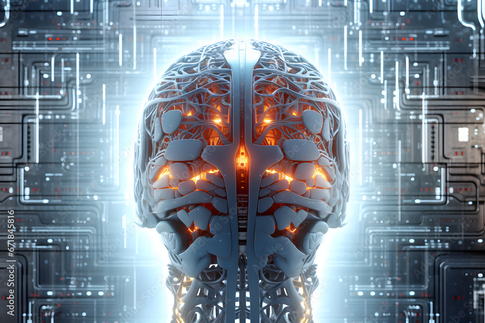 Artificial Intelligence concept, AI human brain connected to a computer like a computer chip ...