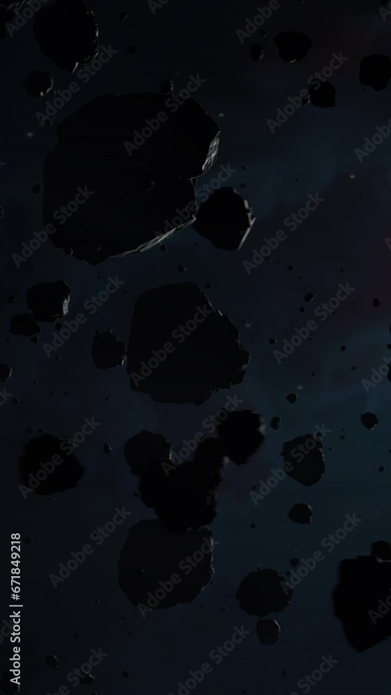 Asteroid belt field in dark outer space. 3D animation wide pan shot ...