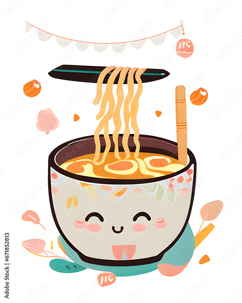 cute kawaii ramen illustration, ramen bowl art, ramen, cute kawaii ...