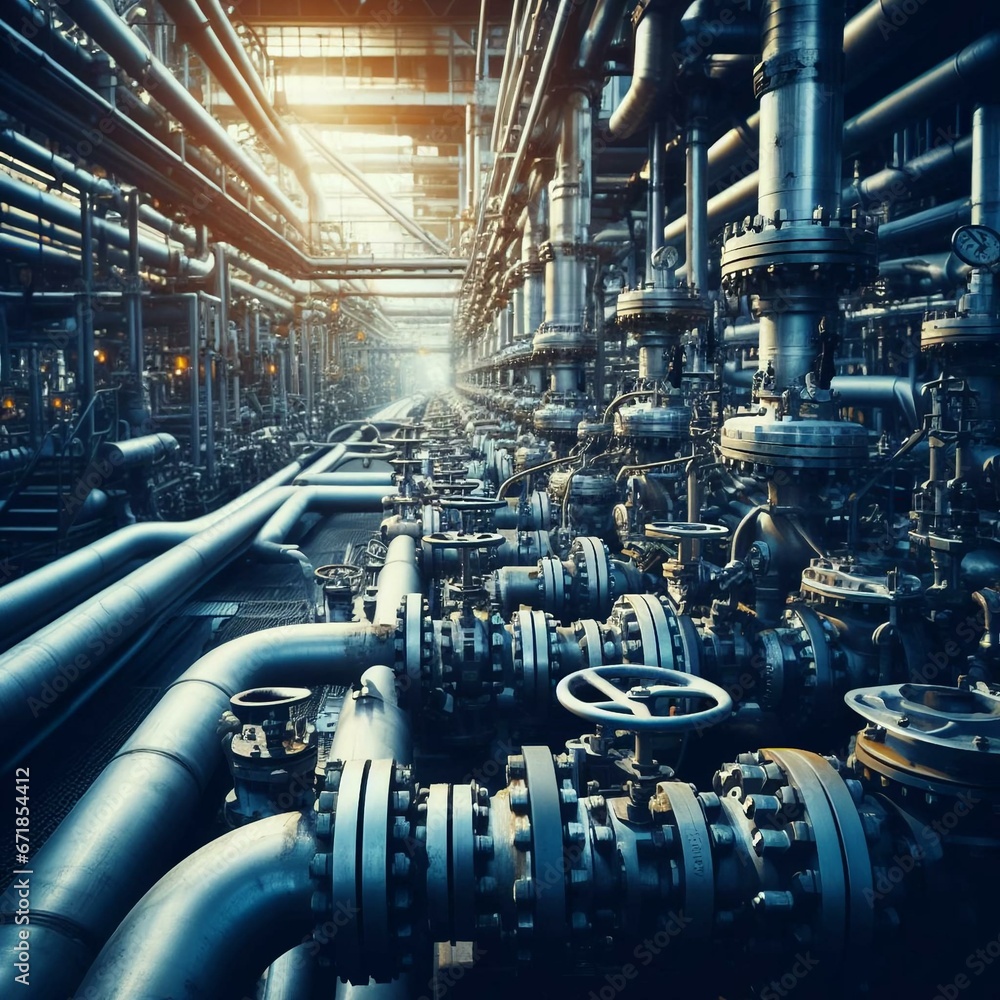 Pipeline valves at the gas plant close-up of hydraulic system pipes ...