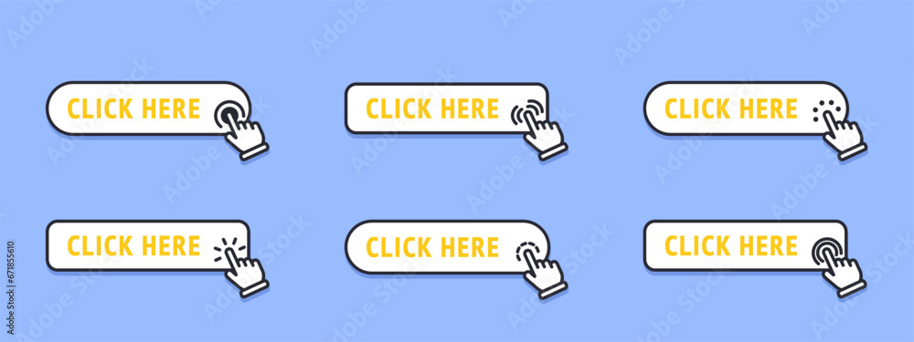 Click here button with arrow pointer clicking icon. Click here vector ...