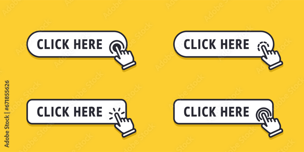 Click here button with arrow pointer clicking icon. Click here vector web button. Web button ...