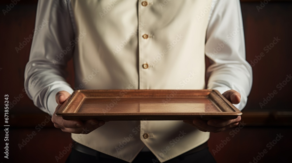 Waiter tray butler hand serve hold plate isolated white man silver ...
