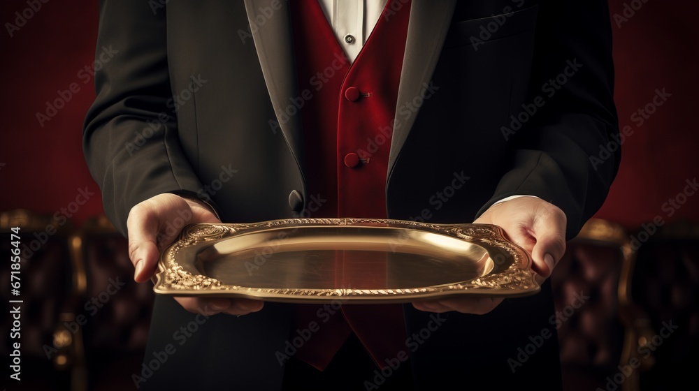 Waiter tray butler hand serve hold plate isolated white man silver ...