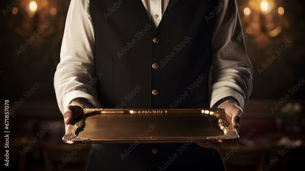 Waiter tray butler hand serve hold plate isolated white man silver ...