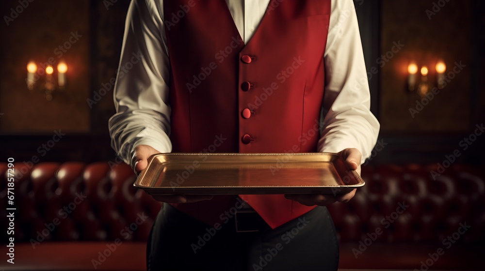 Waiter tray butler hand serve hold plate isolated white man silver ...