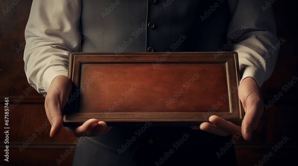 Waiter tray butler hand serve hold plate isolated white man silver ...