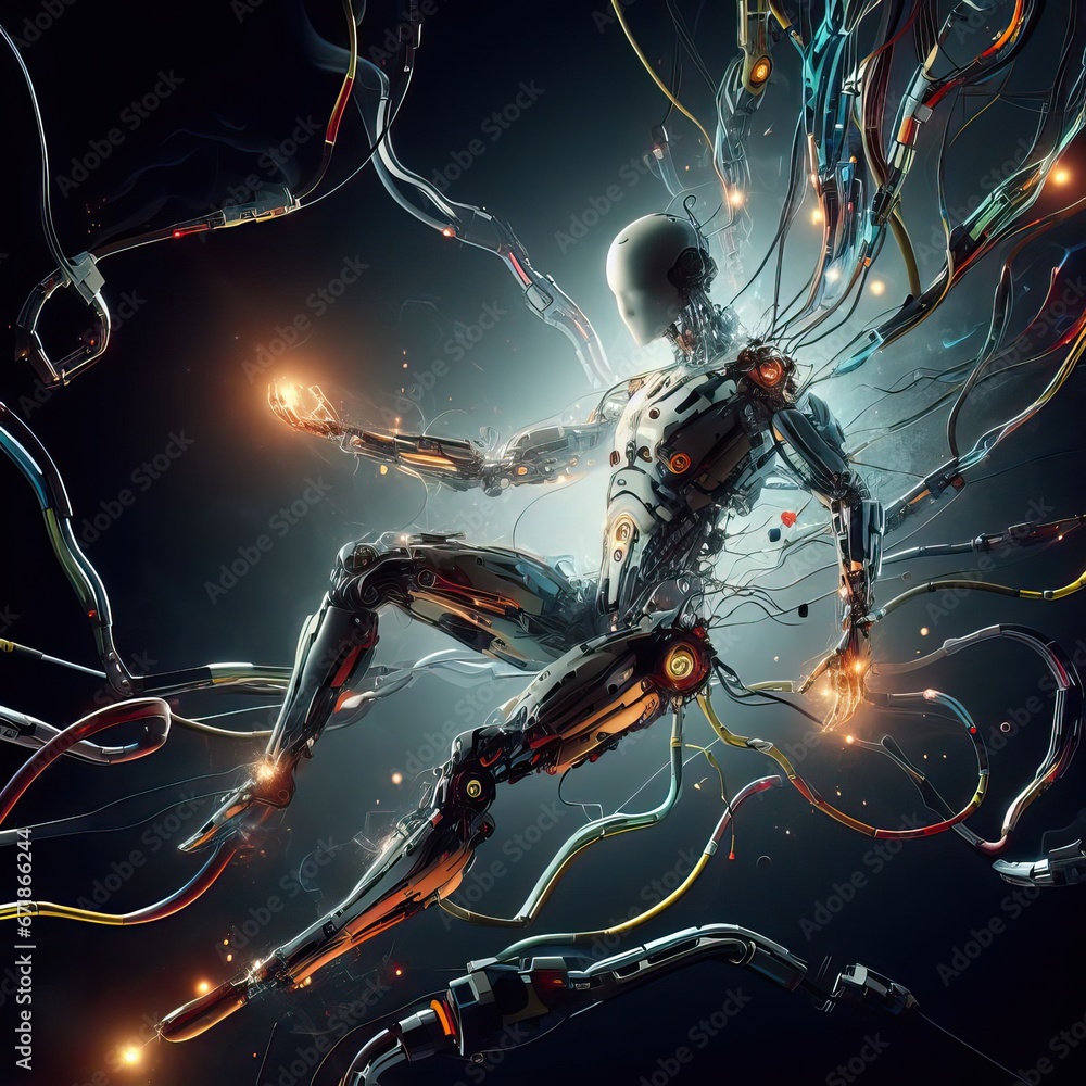 Humanoid cyborg android robot hanging on wire cables generative ai ...