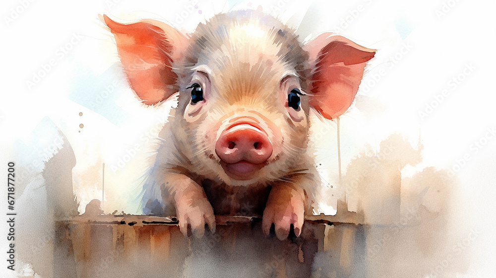 Baby pig watercolor portrait artwork animals illustration picture AI ...