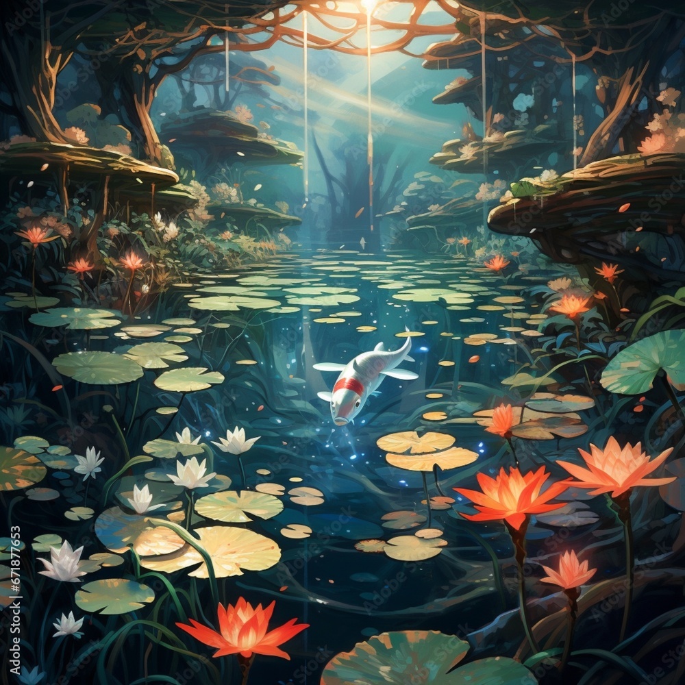 Beautiful anime peaceful pond with lily pads wallpaper image AI ...