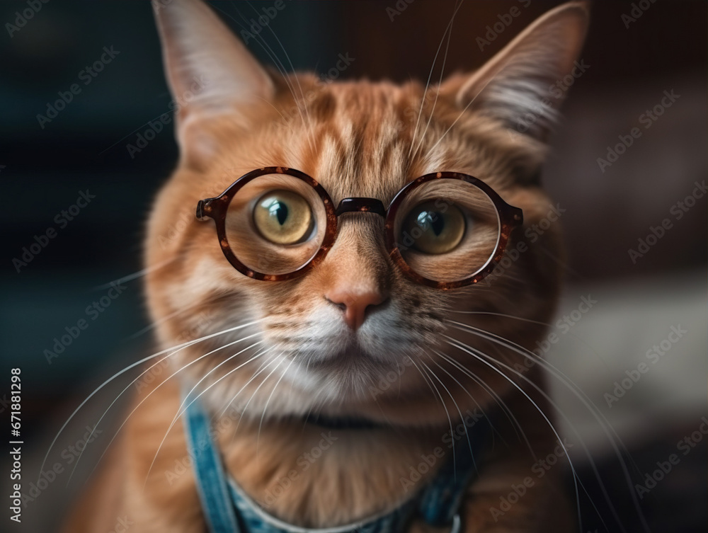 Domestic tabby cat wearing reading glasses looks at the camera. Smart ...