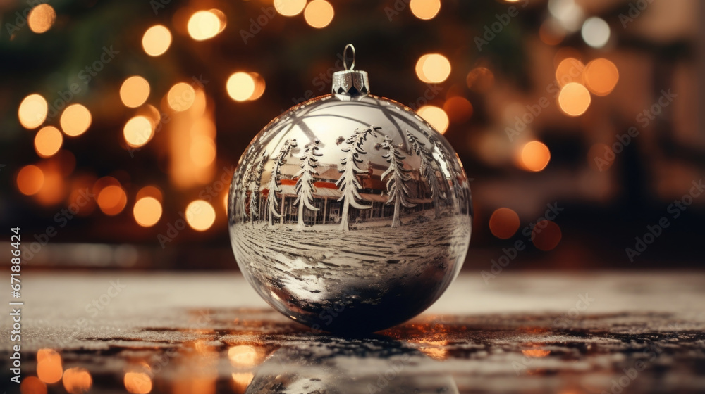 Zoomed in on a mirrored ball ornament, its surface reflects everything ...