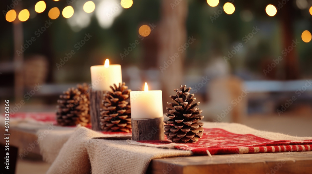 Closeup of a rustic picnic table decorated with a burlap table runner ...