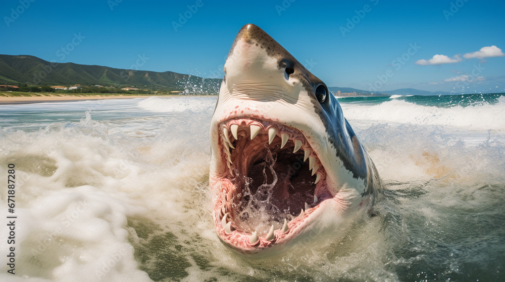 shark attack at the beach. A shark attack at the beach: a menacing ...