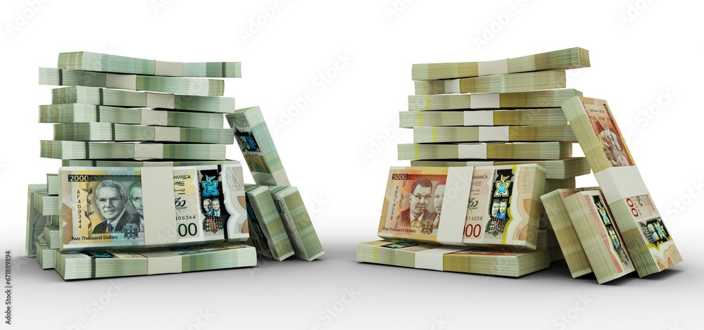 ภาพประกอบสต็อก 3d rendering of Stacks of 2000 and 5000 Jamaican dollar ...