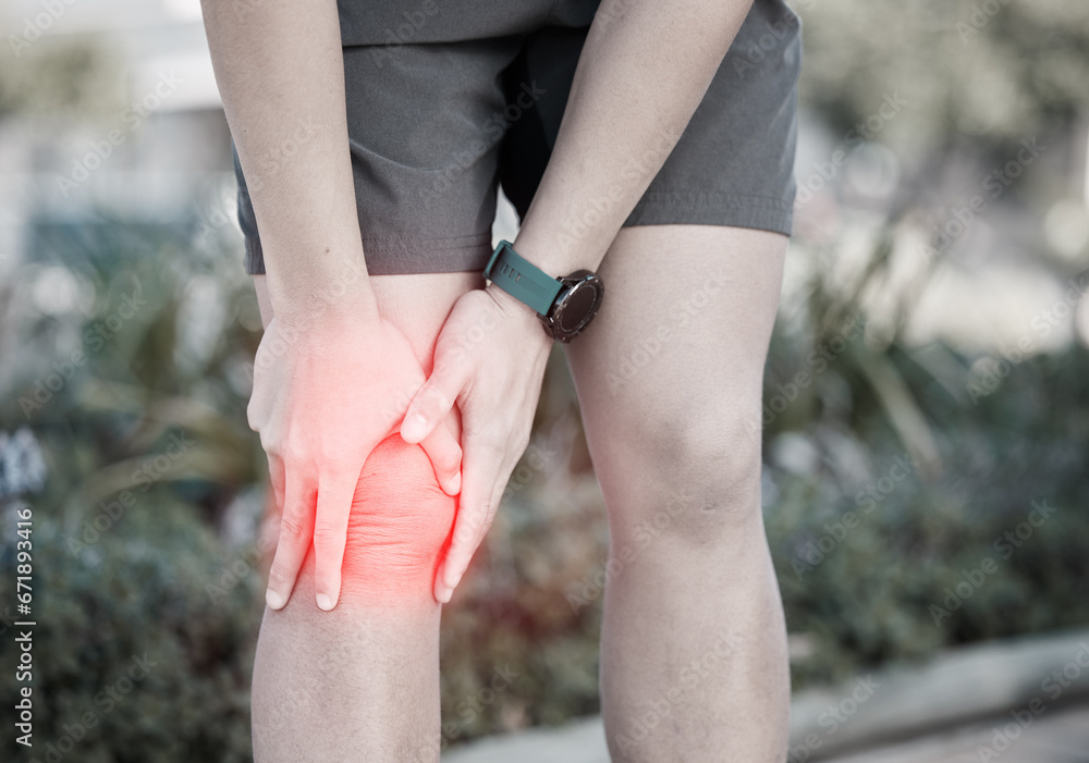 Inflammation, sports and man with knee pain after running, cardio and ...