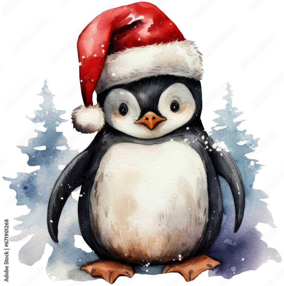 Watercolor Christmas cute penguin with Santas hat clipart, cute ...