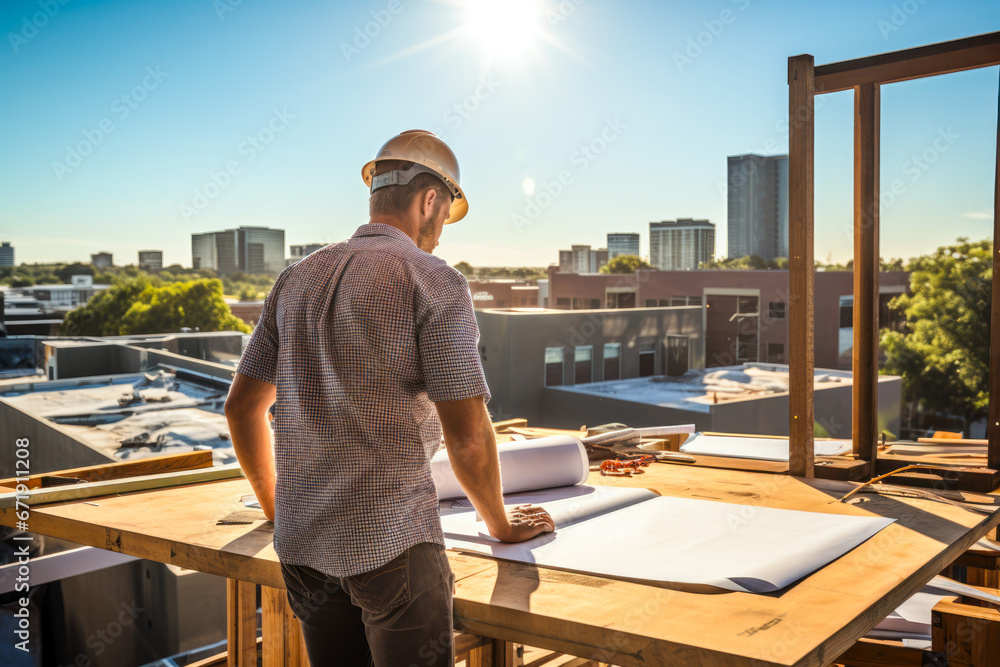 Architect with hard hat scrutinizing building plans, while on a rooftop ...