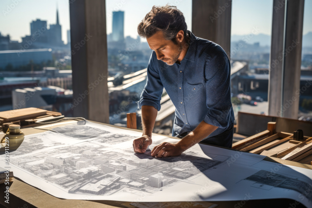 Architect scrutinizing building plans, while on a rooftop and ...