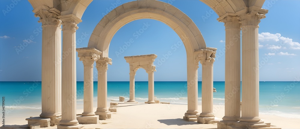 Roman arch and marble columns on a pathway at a beach from Generative ...