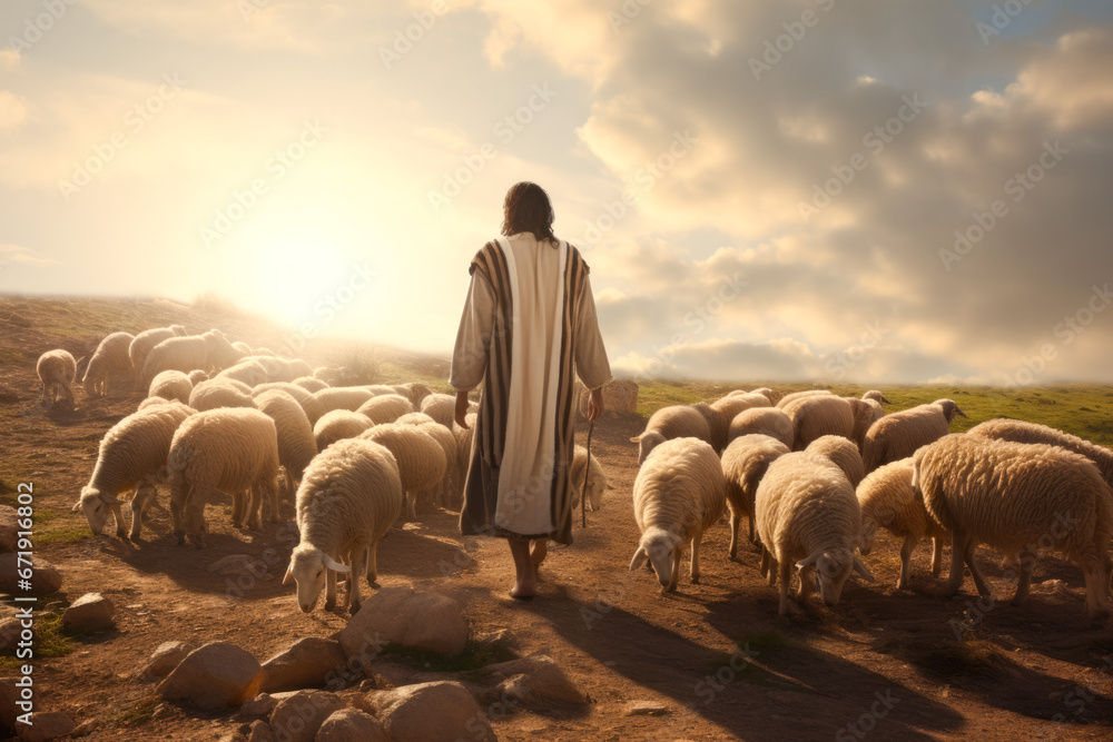 Jesus the good shepherd, guiding his sheep. A christian concept Stock ...