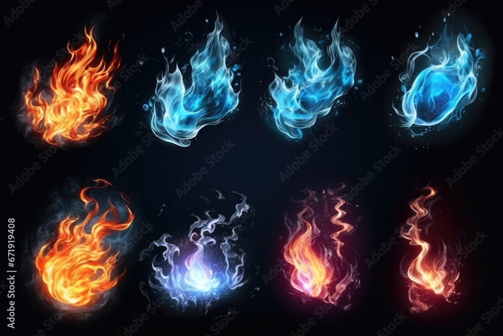 A set of magic power fire and ice lights effects. Isolated on a black ...