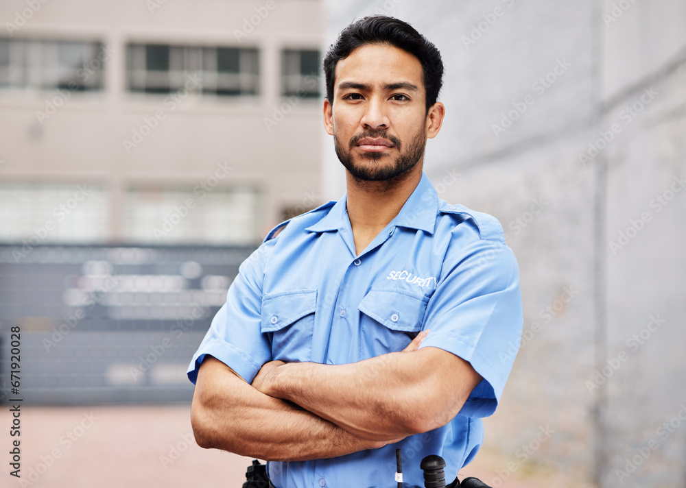 Portrait, man and security guard with arms crossed for police service ...