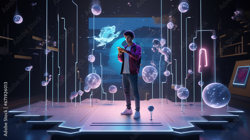 Abstract 3D Character Interacting with a Multifaceted, Colorfully ...