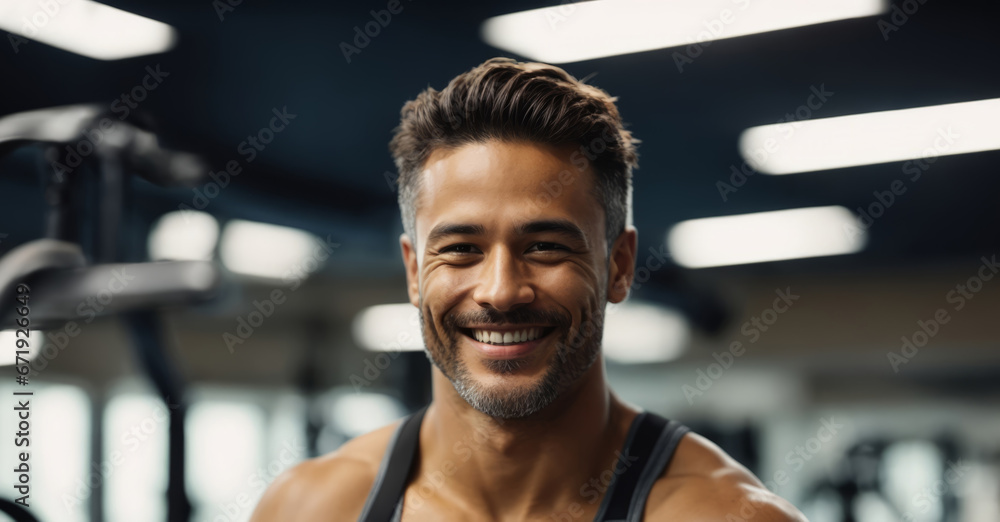 Smiling man in the gym, giving a thumbs-up with a positive attitude ...